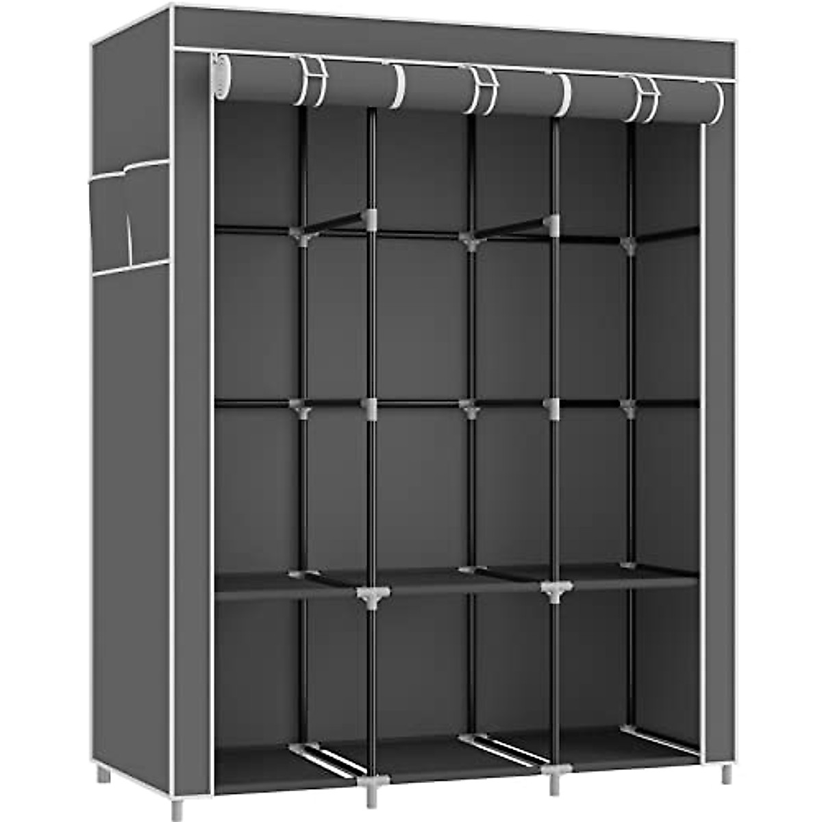 HOMGRNE Portable Closet, 49-Inch Portable Wardrobe with 6 Storage Shelves,3 Hanging Rods and 4 Side Pockets, Bedroom Clothes Organizer Rack with Non-Woven Fabric Cover