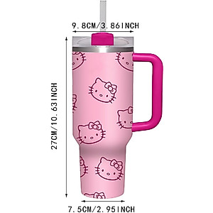 Generic Insulated Tumbler, 1 Sets 40 oz Tumbler with Handle and Straw Lid, Insulated Cup Reusable Stainless Steel Water Bottle Mug Cups,40 Oz Tumbler with Handle, Pink Kitty (Pink)