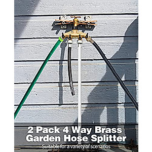 4 Way Hose Splitter, 2 Pack Heavy Duty Brass Garden Hose Splitter, for 3/4" Hose Connector, Hose Spigot Adapter 4 Valves, Brass Garden Hose Manifold with 12 Rubber Washers & 4 Tapes (2 pack 4 way)