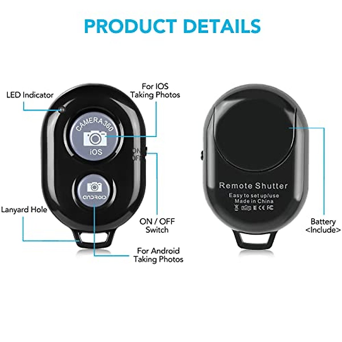 2 Pack Wireless Camera Remote Control - Wireless Remote for iPhone & Android Phones iPad iPod Tablet, Clicker for Photos & Videos - Blue&Pink