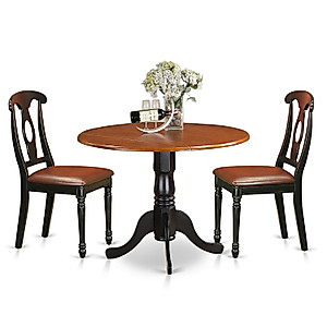 East West Furniture DLKE3-BCH-LC 3 Piece Modern Dining Table Set Contains a Round Wooden Table with Dropleaf and 2 Faux Leather Kitchen Dining Chairs, 42x42 Inch, Black & Cherry