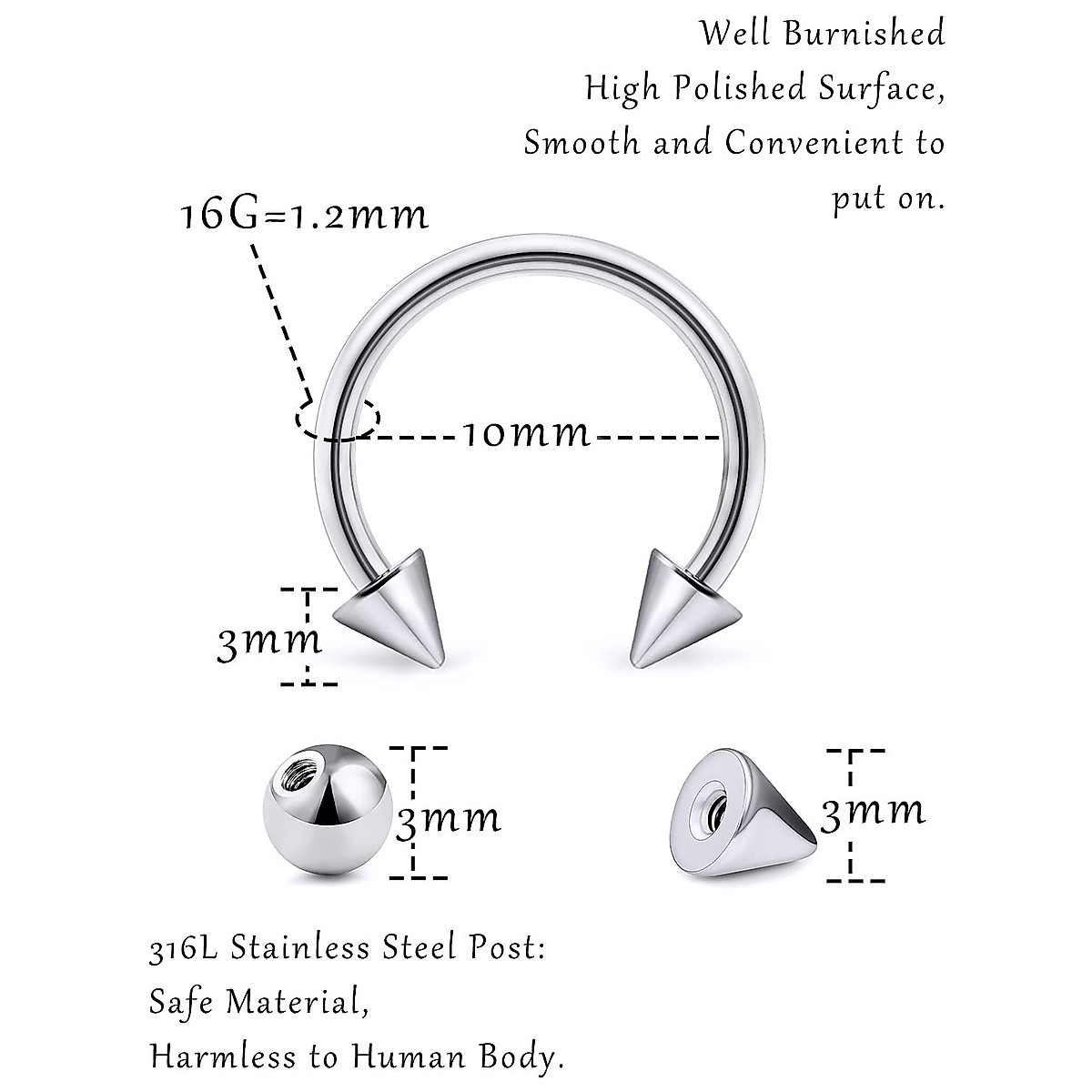 Ovxznts 16G Surgical Steel Septum Rings Nose Septum Horseshoe Hoop Lip Smiley Piercing Jewelry Eyebrow Ring Daith Earrings Replacement Ball and Spikes Set