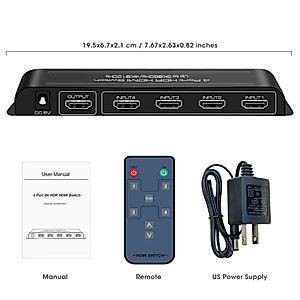 ROOFULL 4 Ports 8K HDMI 2.1 Switch 4 in 1 Out 8K@60Hz 4K@120Hz HDMI Switcher Selector with Remote Support 48Gbps HDR 10+ Dolby Vision/Atmos HDCP 2.3 CEC for PS5 4 Pro Xbox Apple TV Game PC Roku