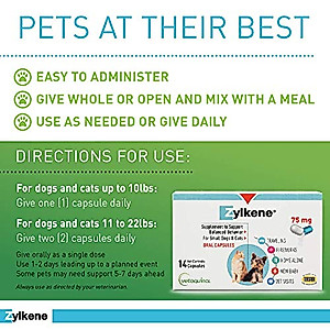 Vetoquinol Zylkene Behavior Support Capsules for Small Dogs and Cats, Calming All Natural Milk Protein Supplement, Helps Relieve Dog Anxiety and Cat Anxiety During Fireworks and Thunder, 75mg