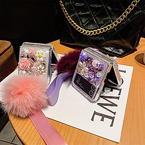 for Samsung Galaxy Z Flip 5 Case,Samsung Flip 5 Case Cute Bling Diamond Girly Design,Galaxy Flip 5 Case 3D Handmade Pearl Rose Flower with Wrist Lanyard,Flip 5 Phone Case for Women Girls (Purple)