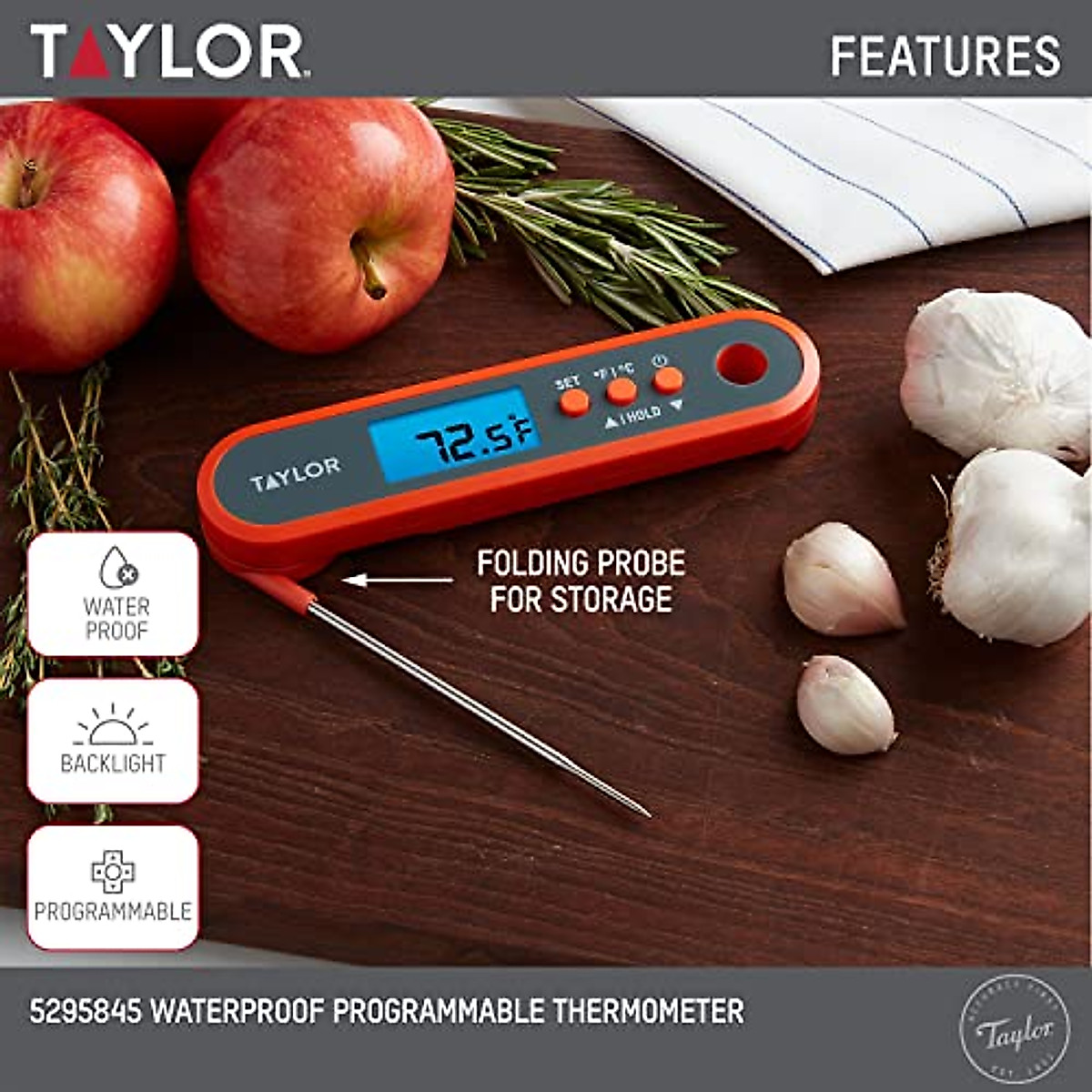 Taylor Digital Waterproof Food Meat and Candy Thermometer, with a Folding Probe, programmable presets, Backlit Display, andIncludes 2 AAA Batteries