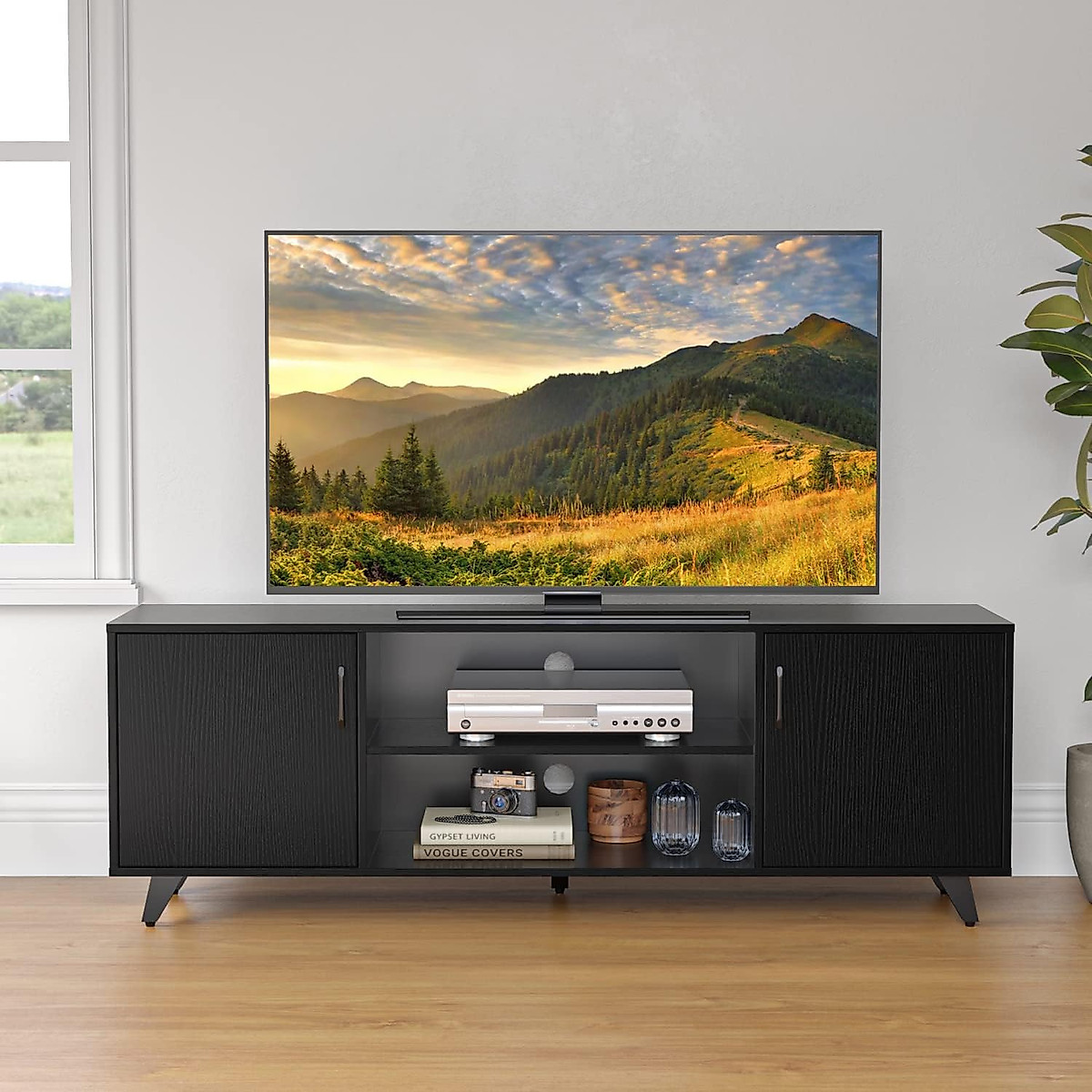 Panana TV Stand, Entertainment Center with 2 Doors and 2 Cubby Storages Cabinets for up to 65 inch for Living Room Bedroom (Black, 53.5 inch)