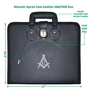 Masonic Master Mason Apron Case – Machine Embroidered (Black Leather), MM Provincial Size | Freemason Carrying Bags (Silver Emblem)