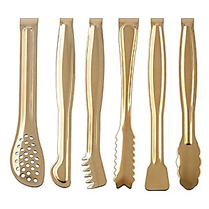 HINMAY Gold Plated Mini Serving Tongs Set 6-Inch Appetizers Tongs Stainless Steel Small Sugar Cube Tongs Ice Tongs, Set of 6