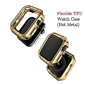 Compatible with Apple Watch Band and Case, Stainless Steel Metal Chain with TPU Cover, Smart-Watch Link Bracelet Strap, Wrist-Band for i-Watch Series 8 7 6 5 4 3 2 1 SE SE2, 45mm 44mm 42mm, Gold