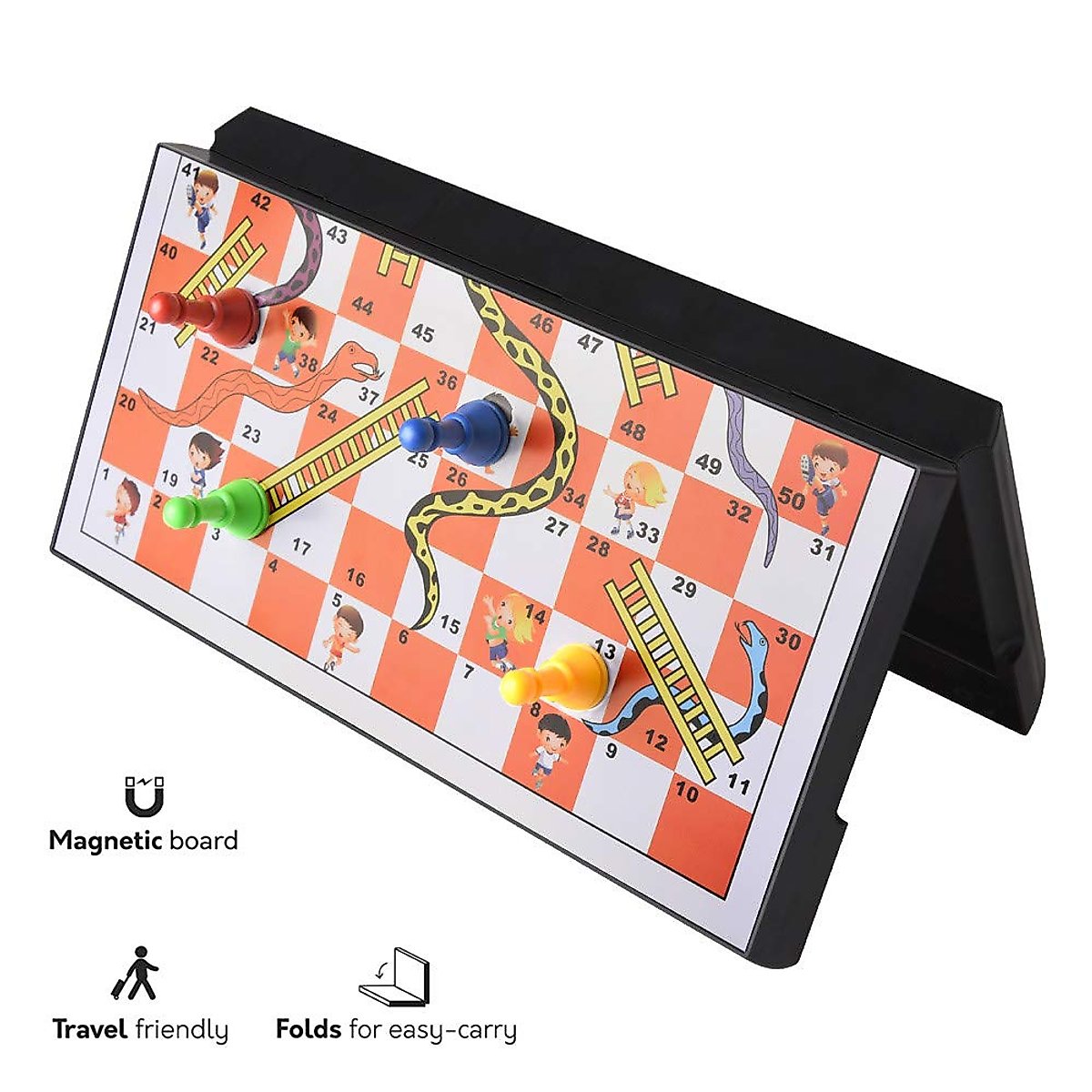 Magnetic Folding Snakes & Ladders Game Set 11.8 inch Portable Family Fun Board Game for All Ages-in Storage（Large Size 30x30cm ）