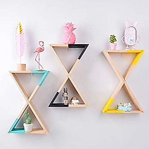 Garneck Wall Shelf Decor Wooden Floating Shelf Triangle Funnel Shaped Shelf Organizer Wall Mount Decorative Display Shelves Home Office Wall Storage Holder Green Botanical Decor