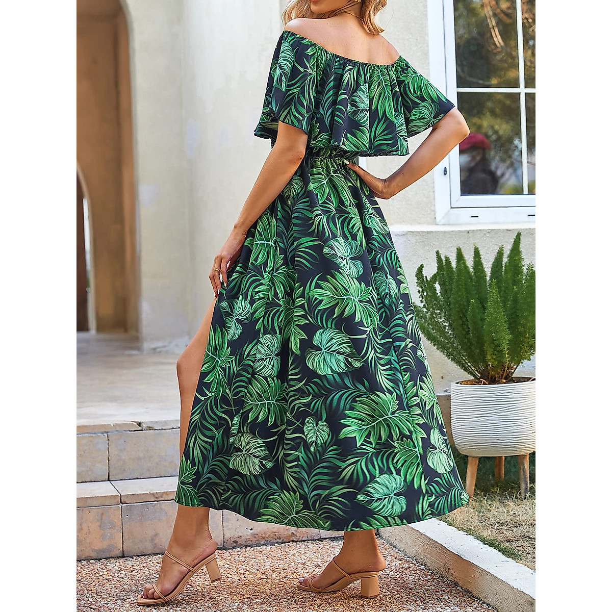 CUPSHE Dress for Women Summer A Shape Dresses Off Shoulder Sleeve Maxi Length Ruffle Fitted Waisted Tropical Printed, M Green