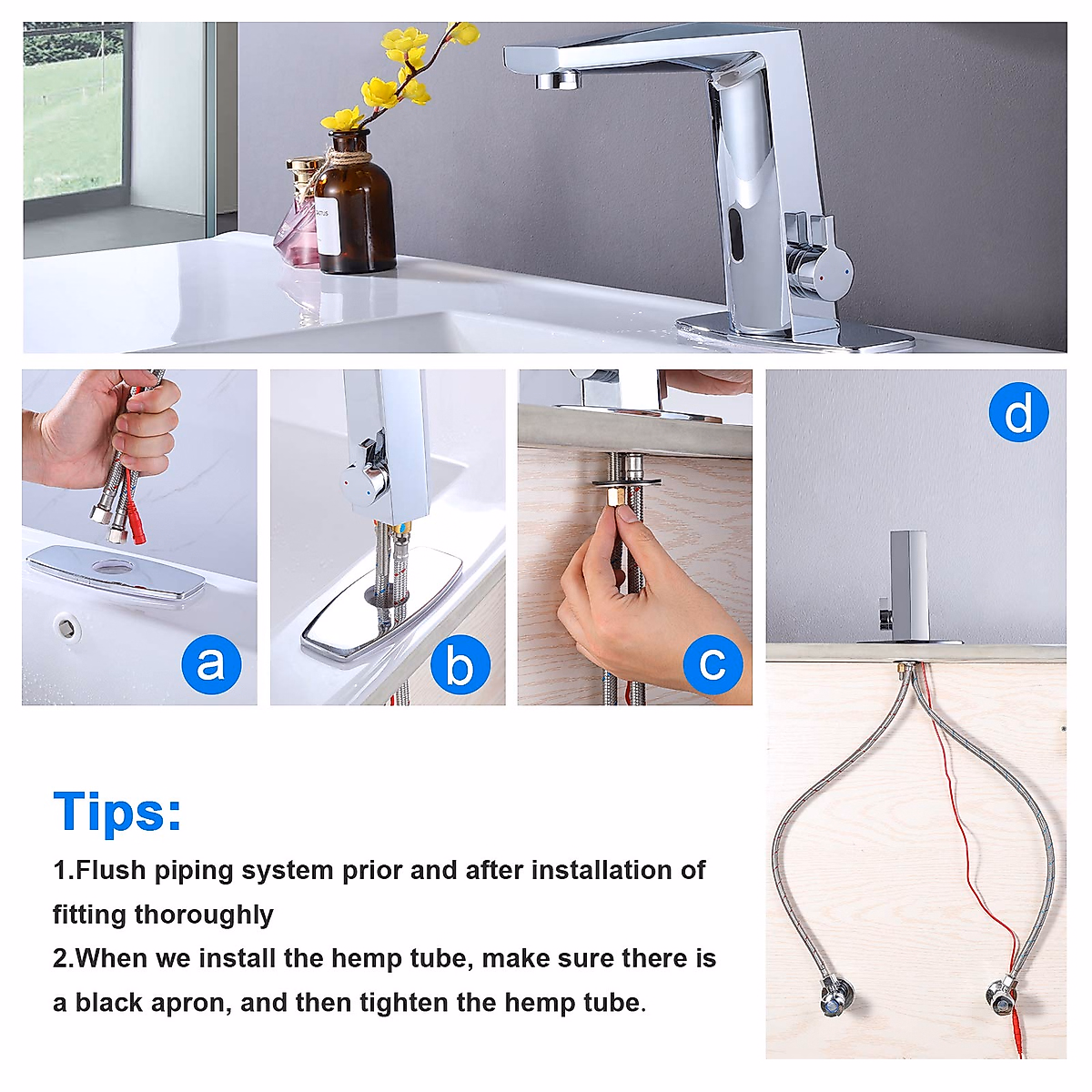 Automatic Sensor Touchless Bathroom Sink Faucet with Hole Cover Plate, Chrome Vanity Faucets, Hands-Free Bathroom Water Tap with Control Box and Temperature Mixer, Easy Installation (Silver)