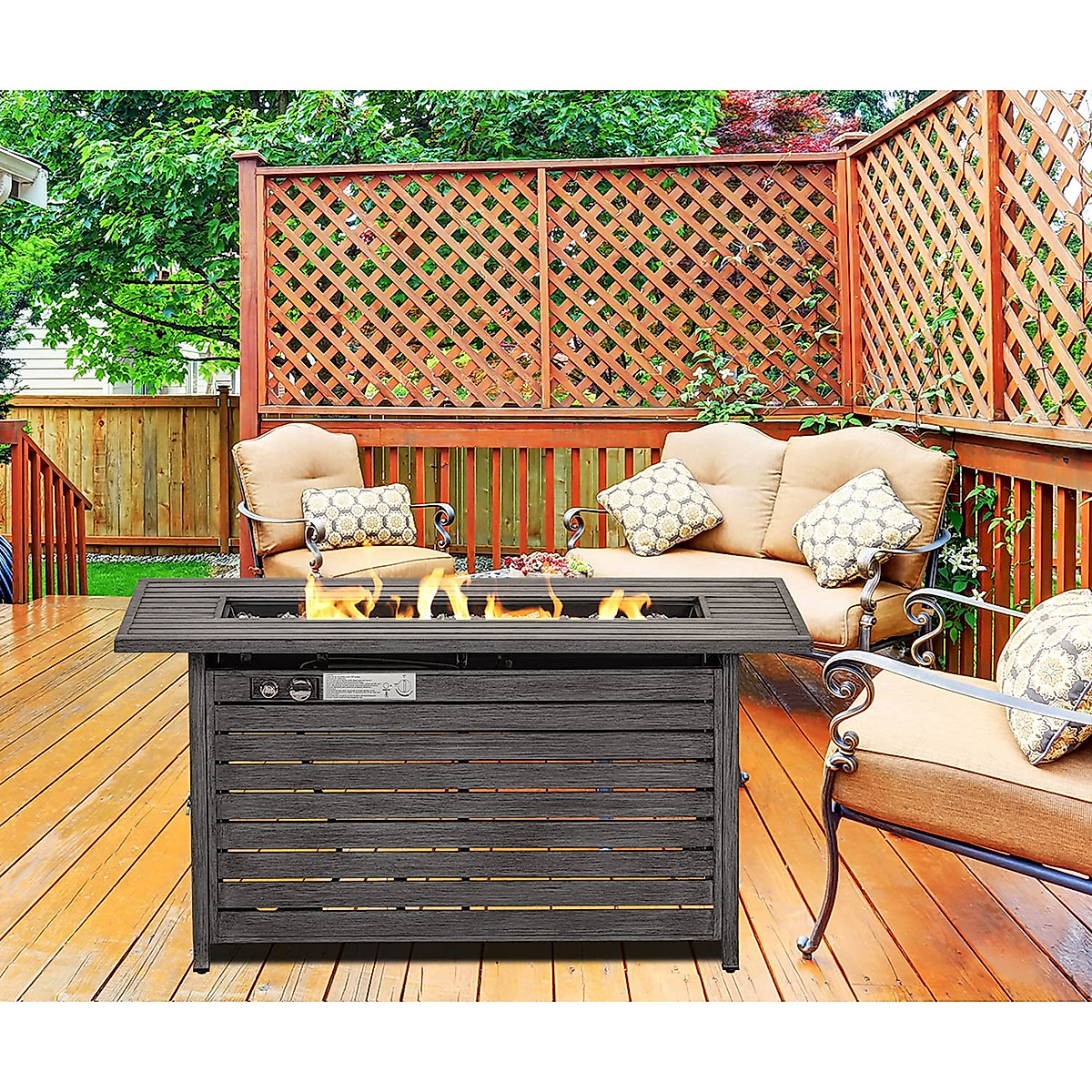 HOMPUS Outdoor Propane Fire Pit, 46-inch x 25-inch Rectangle 40,000 BTU Auto-Ignition Propane Fire Pit Table w White fire Glass and Rain Cover for Outside Leisure Party