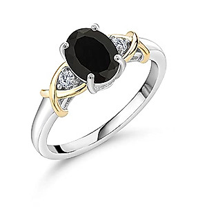 Gem Stone King 2 Tone 10K Yellow Gold and 925 Sterling Silver Black Onyx and White Lab Grown Diamond Ring For Women (1.68 Cttw, Gemstone Birthstone, Available In Size 5, 6, 7, 8, 9)