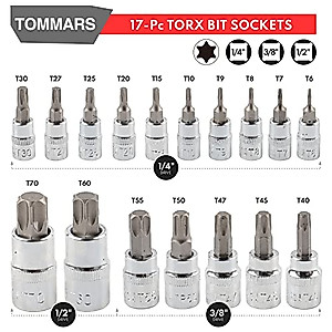 TOMMARS 60-Pc Master Torx Bit Socket and External Socket Set 1/4", 3/8", 1/2" Drive, S2 Steel Bits, CRV Sockets E4-E24, T6-T70,TT6-TT70,TP8-TP60