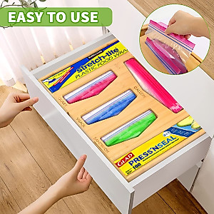 Ziplock Bag Storage Organizer for Kitchen Drawer, Expandable Bamboo Baggie Organizer, Plastic Food Bag Holders and Dispenser, Compatible with Gallon, Quart, Sandwich & Snack Size Bag, 12'' Aluminum Foil and Plastic Wrap
