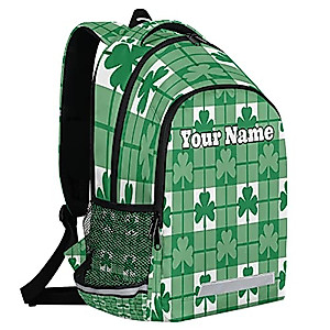 Herdesigns Custom St Patricks Da Backpack for Men Women with Name Personalized Plaid Lucky Clover Green Shamrocks Shoulder Traveling Bag with Name Customized Travel Laptop Bag Casual Backpacks