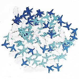 100pcs Glitter Cloud & Airplane Confetti, Plane Table Confetti, Baby Shower Party Decor, Boy Birthday Party Decorations, Clould Paper Scatter - Blue & White