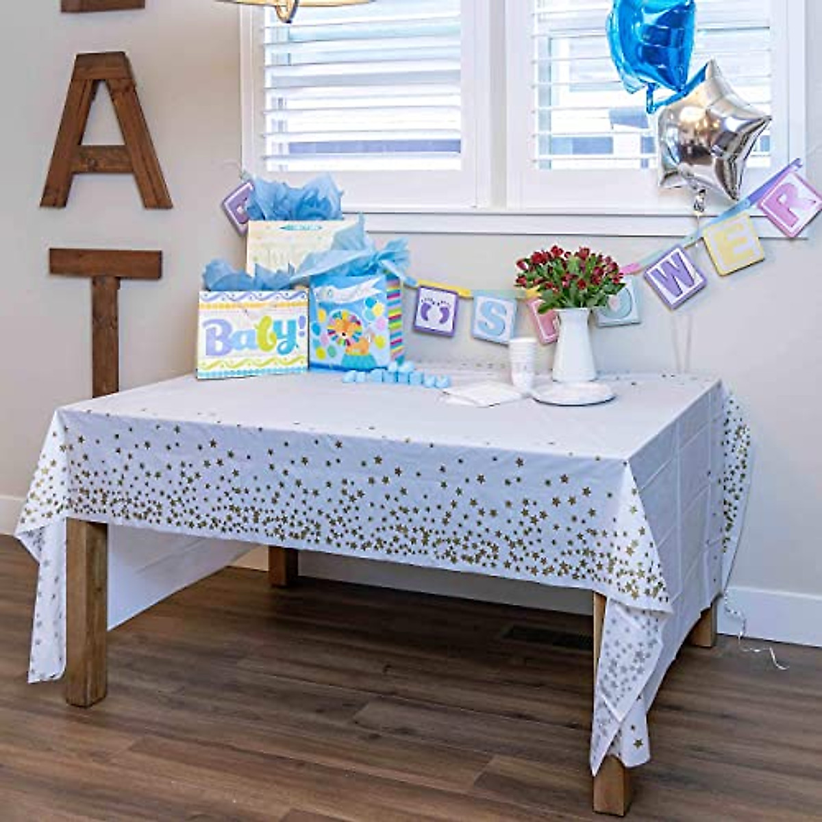 Plastic Gold Star Tablecloth I 4 Pack - Party Table Cloths Disposable Tablecloths for Parties, Birthdays, Weddings I Twinkle Little Stars Tables Cover I Rectangle 54" x 108" Size Covers 6 ft to 8 ft