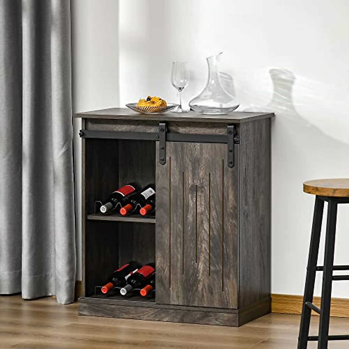 HOMCOM Industrial Sideboard Storage Cabinet, Serving Bar Buffet with Sliding Barn Door and 6-Bottle Wine Rack, Grey