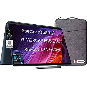 HP Spectre x360 16" 2-in-1 3K QHD+ Touchscreen (Intel 12th Gen i7-12700H, 16GB RAM, 2TB SSD, Stylus) Business Laptop, Long-Battery Life, Fingerprint, Backlit, Thunderbolt 4, IST Bag, Win 11 Home