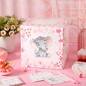 50 Pcs Elephant Diaper Raffle Tickets with Baby Shower Holder Box Baby Party Decorations Diaper Raffle Box Baby Shower Card Girl Elephant Game Insert Card for Baby Party Diaper Raffle Game