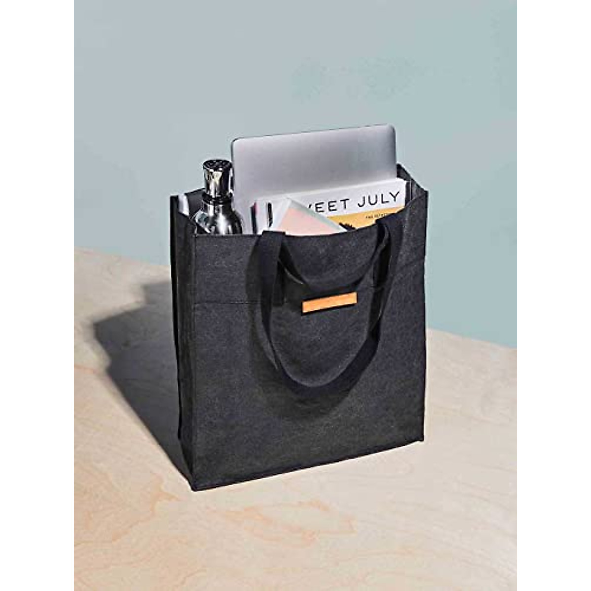 Out of the Woods City Tote – Vegan Tote Bag with dual Short and Long Handles – Supernatural Paper Reusable Shopper – Strong Washable Medium-Large Collapsible Bag, Ebony with Coordinating Black Handles