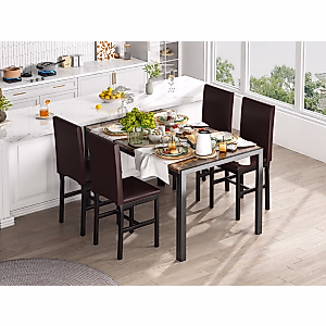 Recaceik Dining Table Set for 4, Kitchen Table and Chairs for 4, Faux Marble Dinner Table Set with 4 Upholstered PU Leather Chairs, Dining Room Table Set for Kitchen Dining Room (Brown)