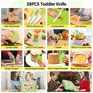 28PCS Toddler Knife Set - Kids Knifes for Real Cooking, Montessori Kids Kitchen Knife Set with Cutting Board Crinkle Cutters Kid Safe Knives, Toddlers Kitchen Tools for Age 2-10 Year Old Girl Boy