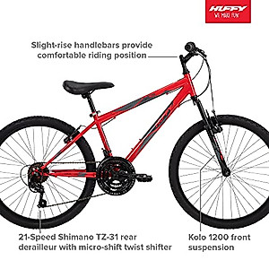 Huffy Stone Mountain Boys 24 Inch Mountain Bike, Red Gloss Frame, 21-Speed Shimano Twist Shifting, Front Suspension, Comfort Saddle | 20"/24"/26" Sizes, 6-21 Speeds, Dual Suspension Available |