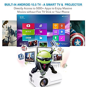Famishow Smart Projector Android TV 10.0 Built in- 5G WiFi Mini projector with Bluetooth, 8500 Lumens 4K and 250” Display Supported Portable Video Projector for Home Cinema & Outdoor Movie Theater