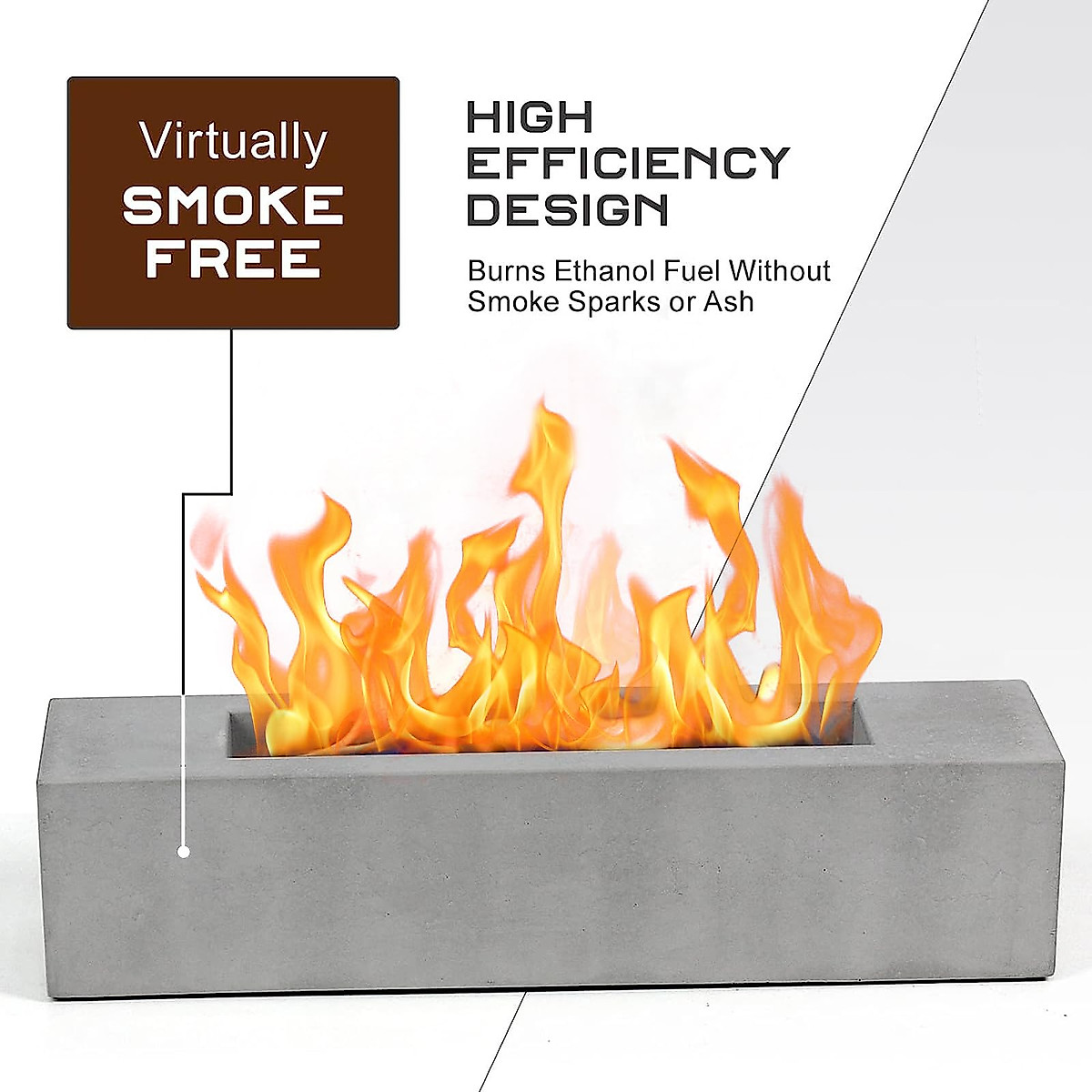 BRIAN & DANY Tabletop Fire Pit, Concrete Table Top Firepit for Outdoor, Large Rectangle Ethanol Tabletop Fireplace