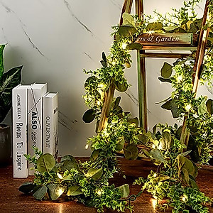 XunYee 5.9 ft Artificial Eucalyptus Garland with 20 LED Fairy String Lights Fake Eucalyptus Leaves Greenery Vines Plant for Table Wedding Bridal Shower Birthday Party Garden Indoor Outdoor (4 Pack)