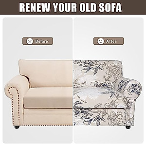 SearchI Stretch Sofa Cover Printed Couch Covers, Floral Pattern 2 Piece Armchair Slipcover with Separate Chair Cushion Cover, Washable Furniture Protector for Living Room(Armchair, Flower Shadow)