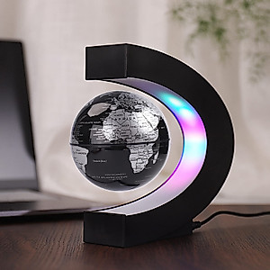 Floating Globe with Colored LED Lights C Shape Anti Gravity Magnetic Levitation Rotating World Map for Children Gift Home Office Desk Decoration (Black, Without Switch)