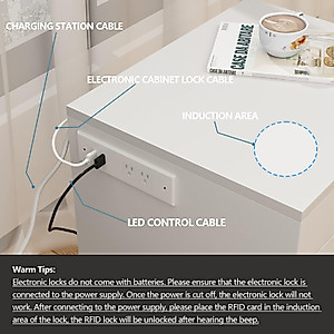 Gyfimoie LED Nightstand with Charging Station, Modern Bedroom End Side Table with Lock Cabinet and Power Outlets, Sofa Bedside Table with Hidden Compartment for Valuables Storage