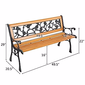 GODECOR 49" Outdoor Garden Bench, Patio Furniture Outdoor Chair with Hardwood Slats and Cast Iron Frame, Weather Proof 2-Person Outdoor Loveseat with Rose Style Back for Park, Porch, Pool, Backyard