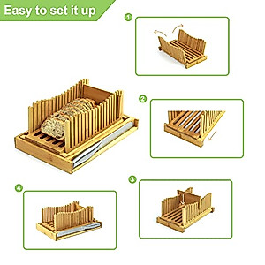 PURENJOY Bread Slicer For Homemade Bread Bamboo Bread Slicing Guide With Knife Adjustable 3 Thickness Size Foldable Bread Cutterwith Crumb Tray (13.7x8.7)