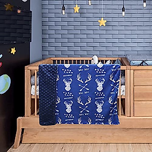 GFU Baby Blanket for Boys and Girls, Soft Minky Infant Receiving Blanket with Dotted Backing Double Layer, Newborn Toddler Bed Blanket with Antler Arrow Printed, Navy Blue, 30 x 40 Inch
