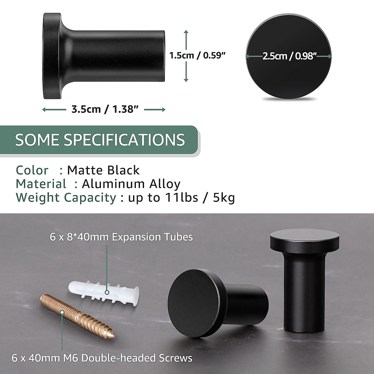 GUWINA Metal Wall Hooks for Hanging,6 Coat Hooks Wall Mount,Heavy Duty Black Decorative Hooks for Cubicle Entryway,Bathroom Shower Hand Towel Hooks Hangers for Clothes Robe (Round)