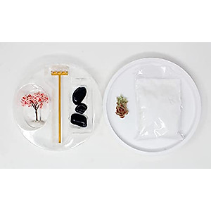 Nature's Mark Mini Zen Garden Kit for Desk with Rake, White Sand, Lotus Figures, White Round Base, Black River Rocks and Mini Blossom Tree (8Lx8W Round B)