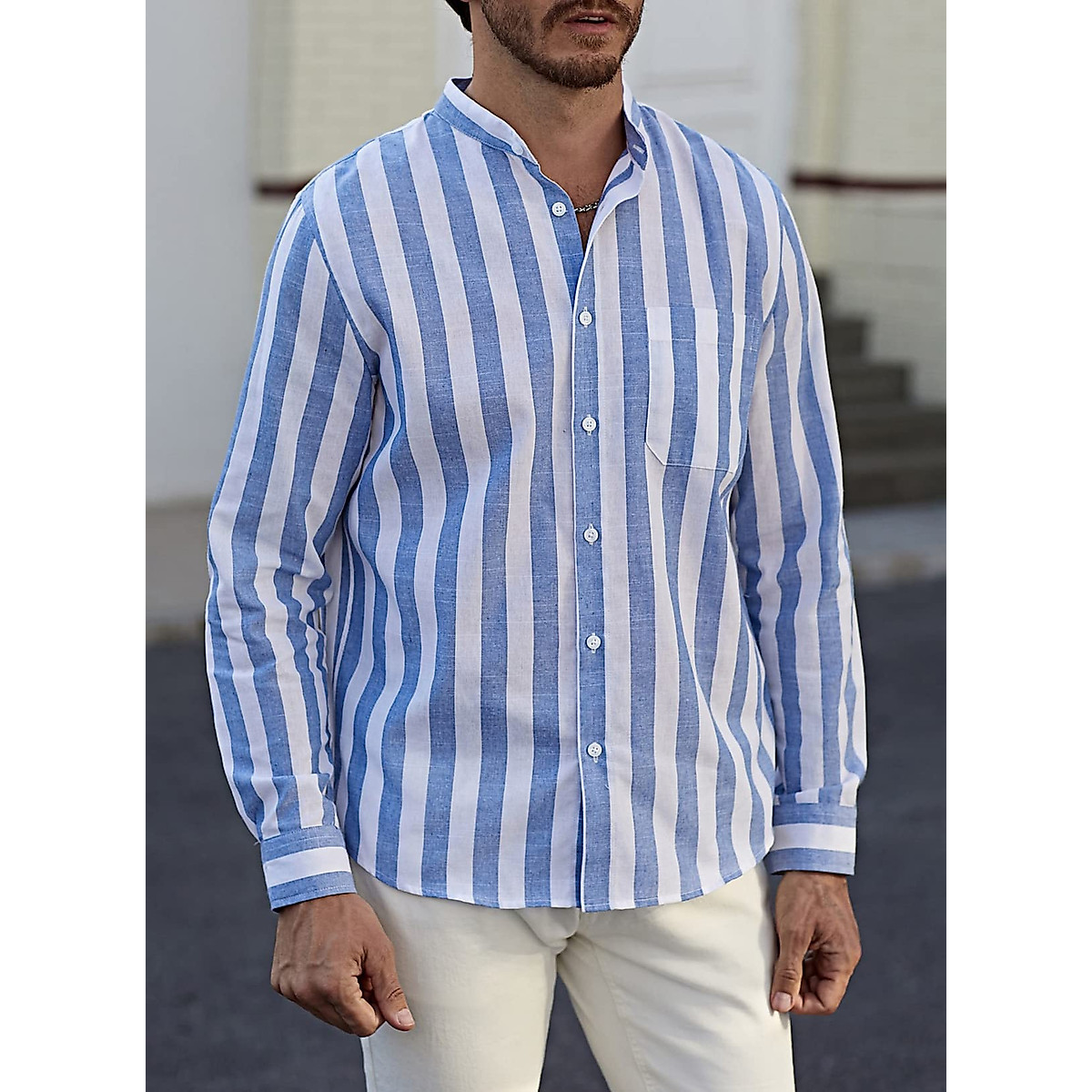 JMIERR Mens Casual Cotton Linen Shirts Button Down Long Sleeve Striped Beach Resort Shirts for Men,US 38(S),0Sky Blue