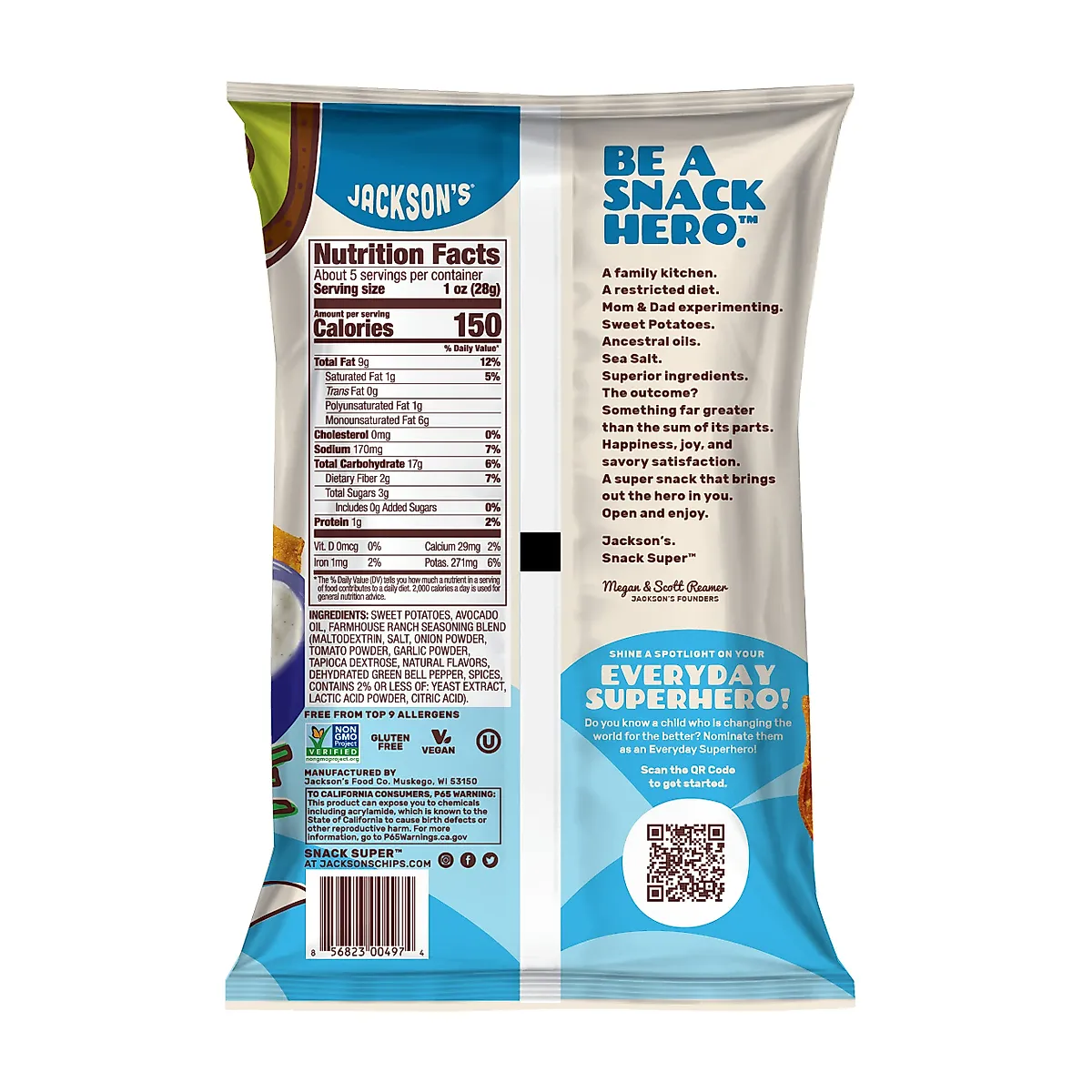 Jackson’s Sweet Potato Farmhouse Ranch Kettle Cooked Chips - with Premium Avocado Oil (5 oz, Pack of 7) - Gluten-Free, Peanut Free, Vegan, Allergen-Friendly - Shark Tank Product