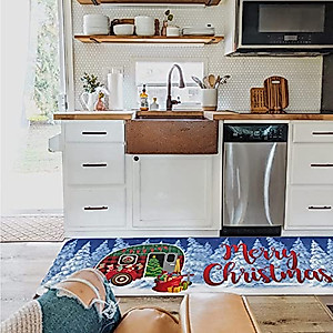 Libaoge Kitchen Mat Rug 1 PCS Merry Christmas Tree Gift Red and Green Camper in Snow Runner Rug Anti-Fatigue Comfort Memory Foam Standing Mat Non-Slip Floor Door Mat for Bathroom Bedroom 16x47in