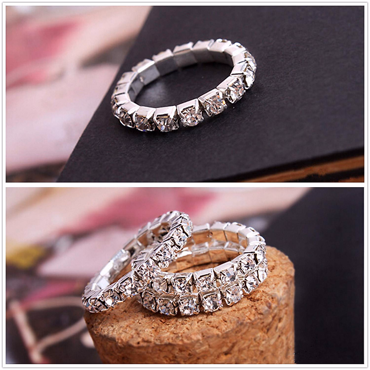 JinYu 10 Pcs Rhinestone 1 Rows Crystals Inlaid Paved Jewelry Stretch Elastic Finger Ring for Women Silver, Colorful