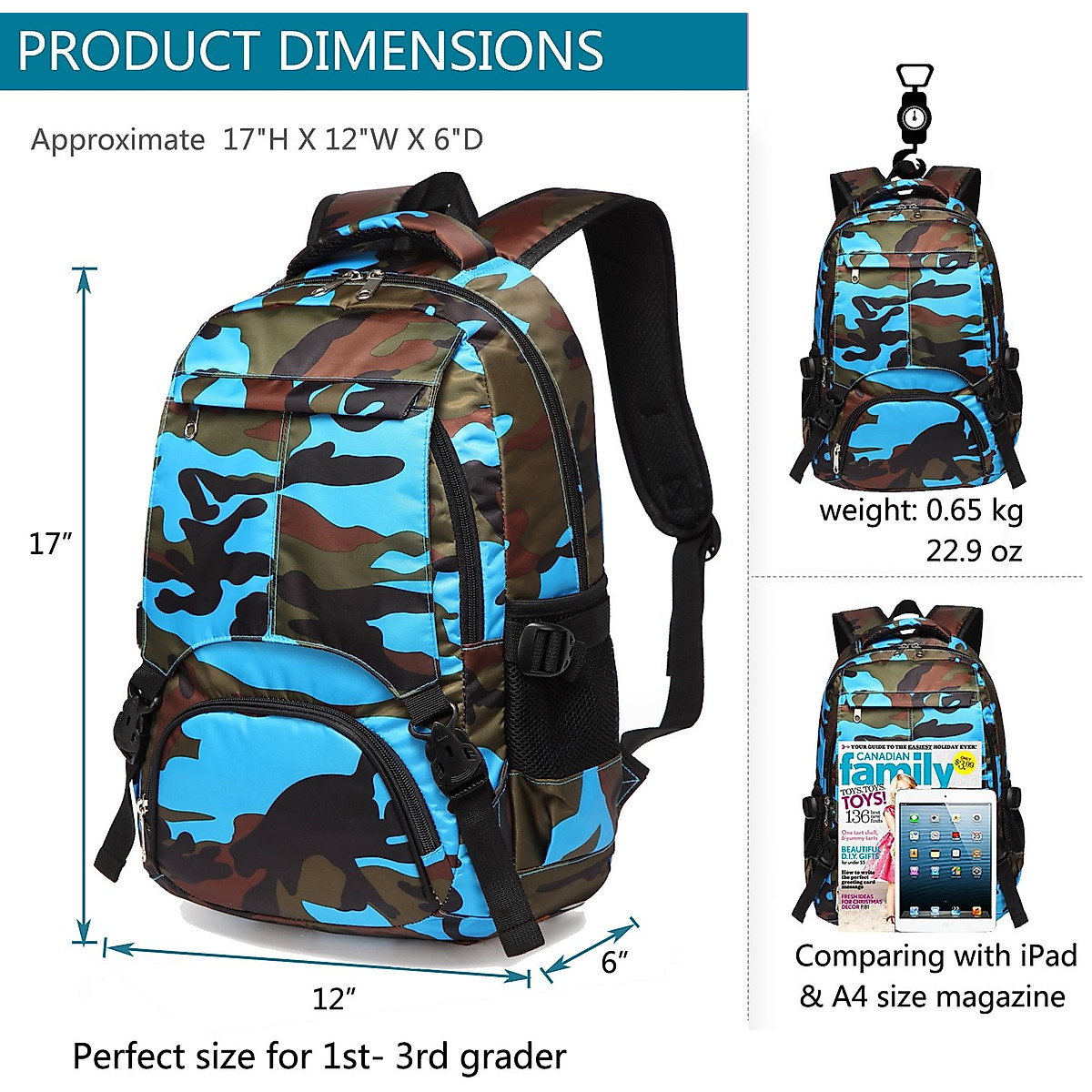 BLUEFAIRY Kids Backpack for Boys Elementary Primary Middle School Book Bags Bookbags Back to School Bags Large Compartment Mochila Escolar para Niños Camouflage Blue