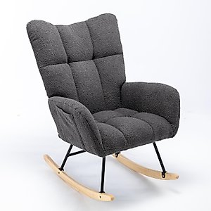 Tiophome Rocking Chair Nursery, Upholstered Glider Rocker Accent Chairs Padded Seat with High Backrest, Comfy Side Armchair for Nursing, Living Room, Bedroom, Office,Teddy Velvet, Dark Gray