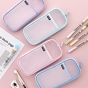 Grid Mesh Pen Pencil Case with Zipper, Large capacity Clear Makeup Color Pouch Cosmetics Bag, Multi-Purpose Travel School Teen Girls Transparent Stationary Bag, Office Organizer Box for Adluts (Pink)